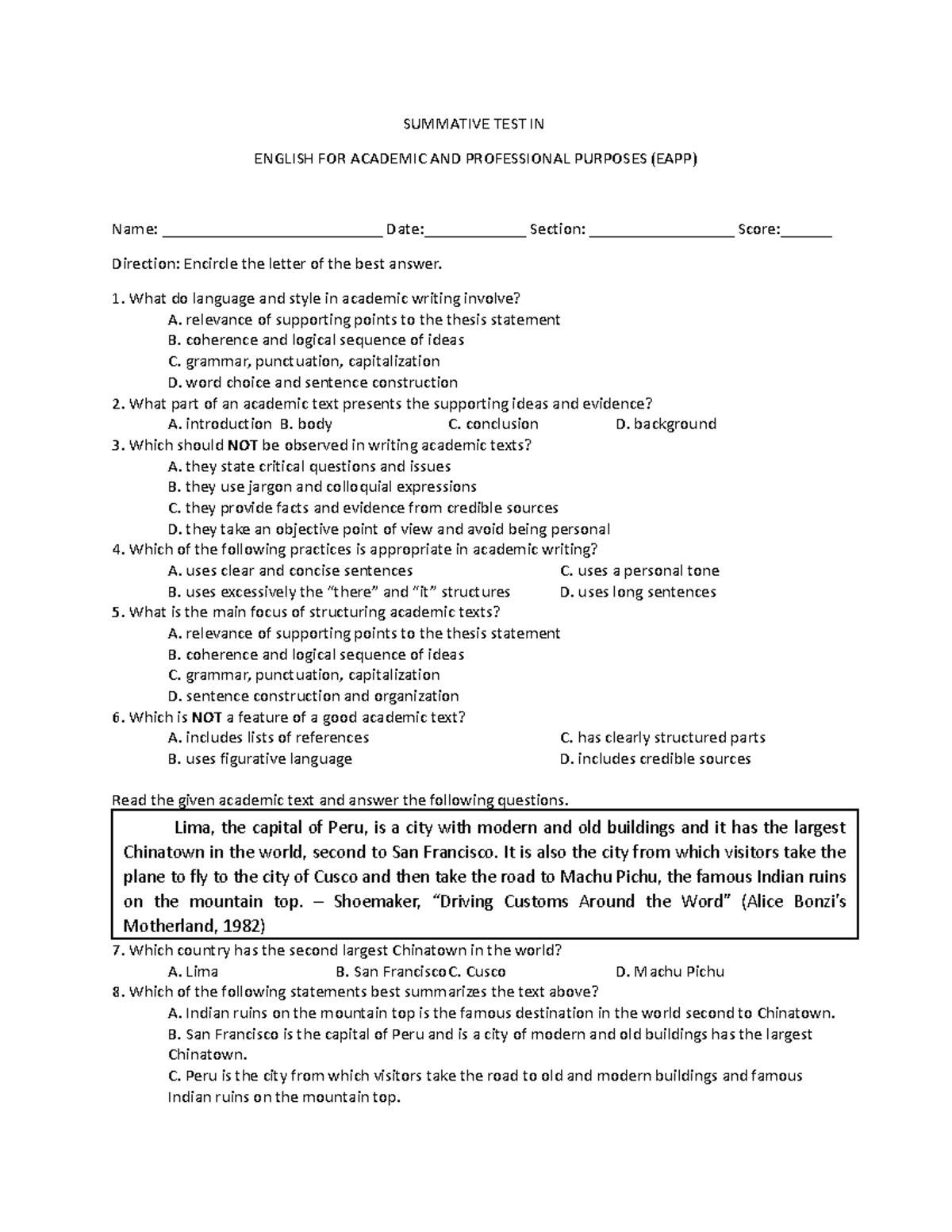Final Summative Test Review for EAPP - English for Academic Purposes ...
