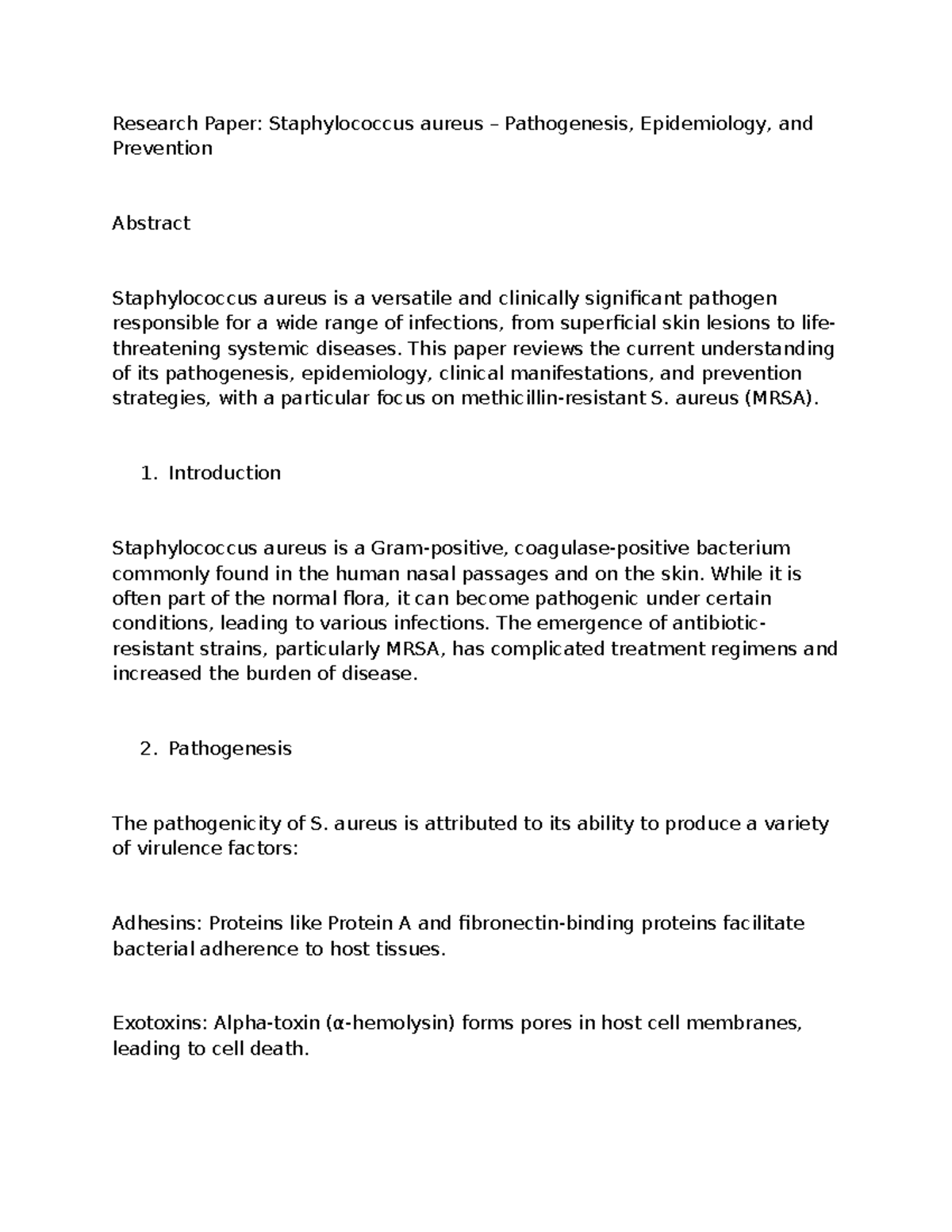 Research Paper: Staphylococcus aureus Pathogenesis & Prevention - Studocu