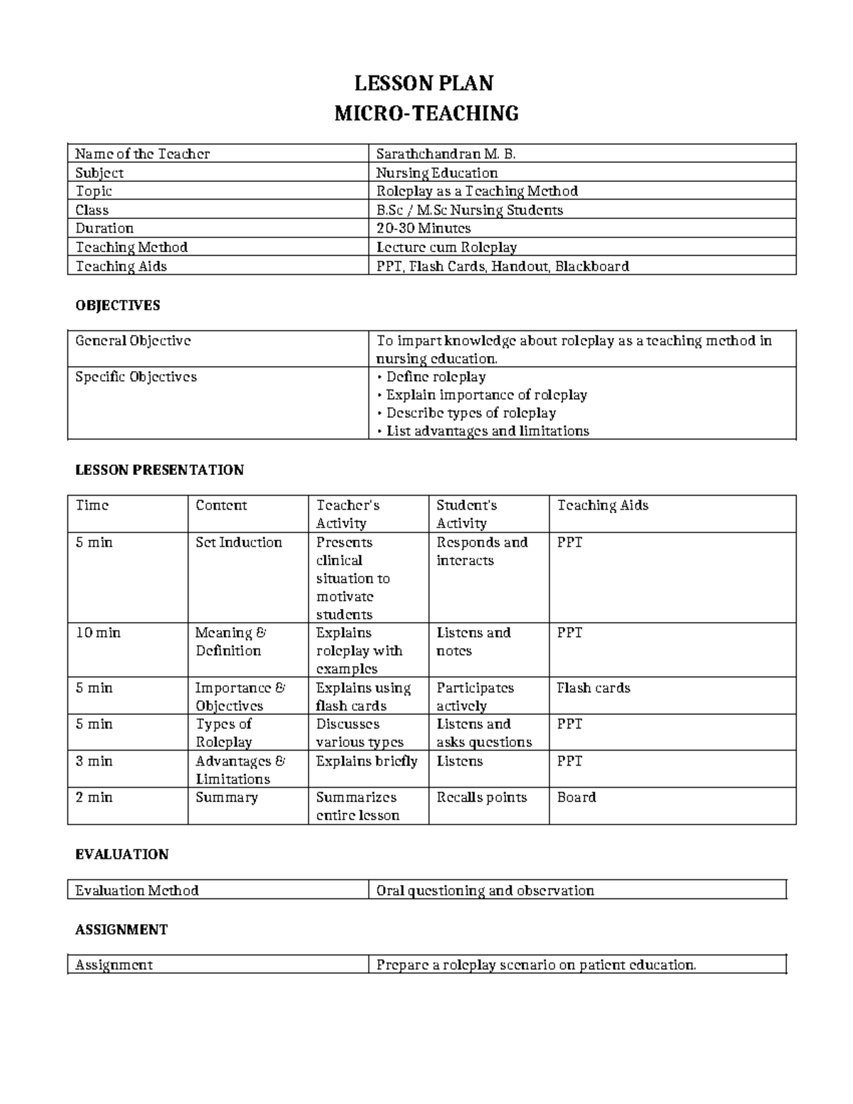 B.Sc & M.Sc Nursing Lesson Plan: Roleplay as Teaching Method - Studocu