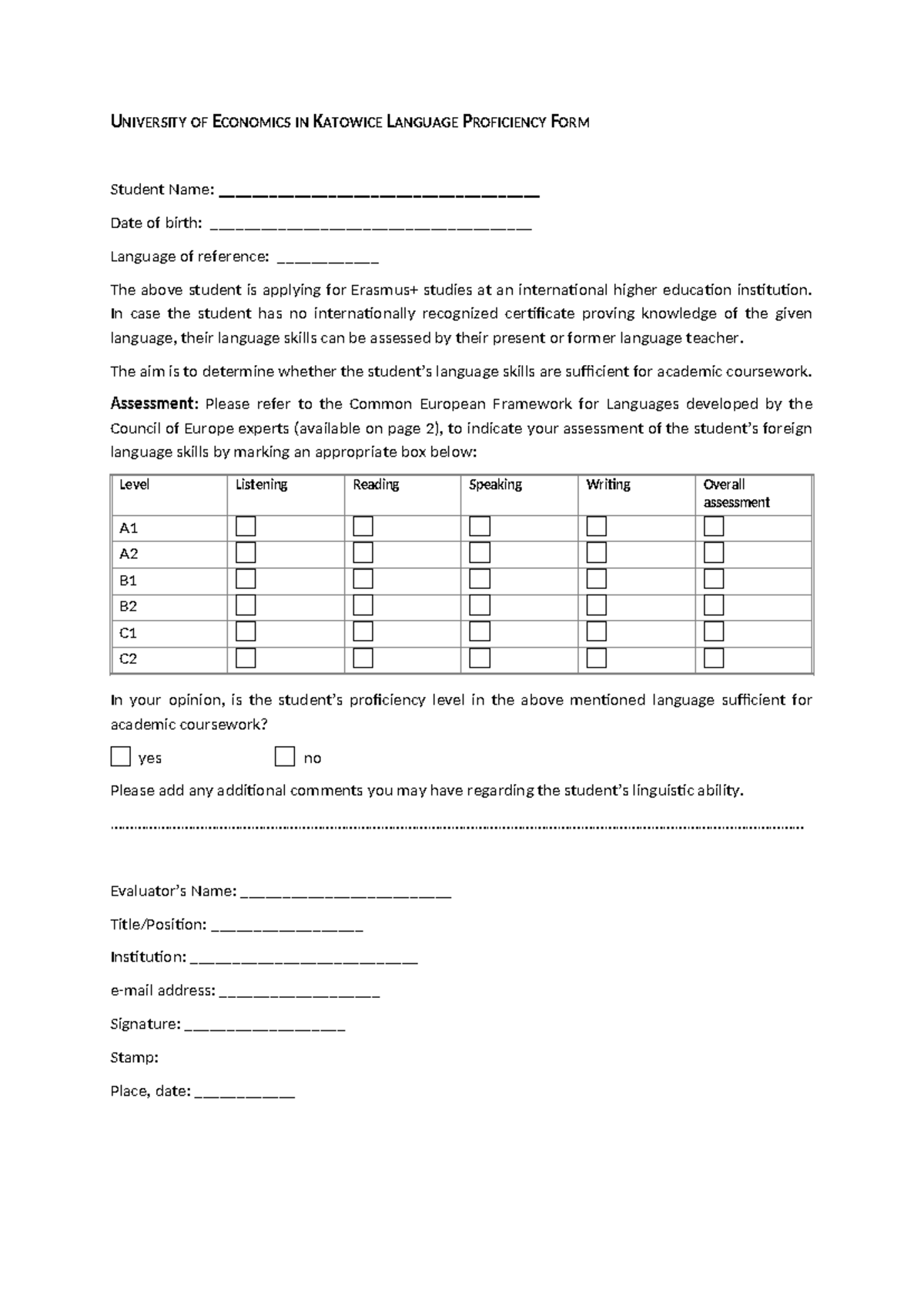 25 26 Language proficiency form - UNIVERSITY OF ECONOMICS IN KATOWICE ...