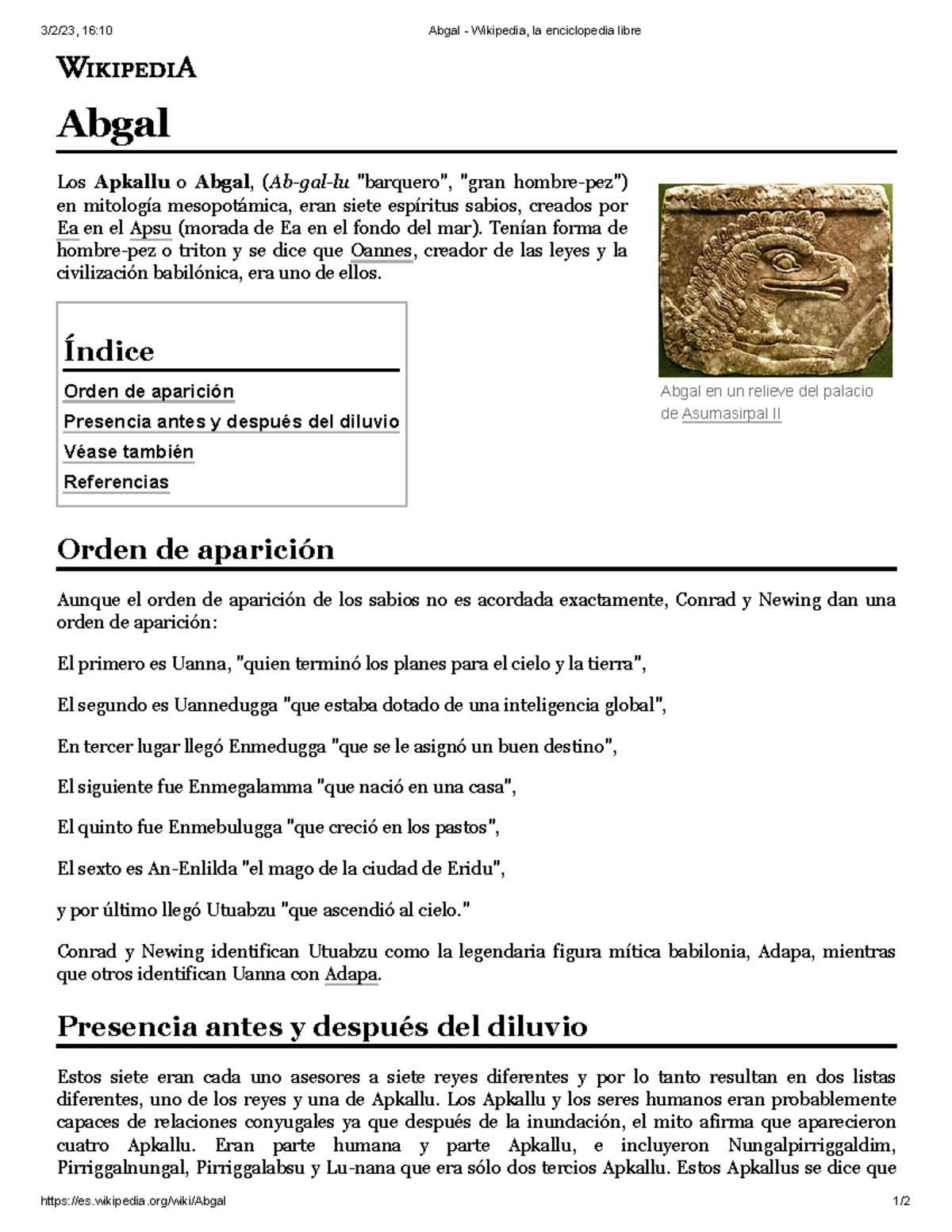 Abgal - Mitología Mesopotámica y sus Espíritus Sabios - Studocu