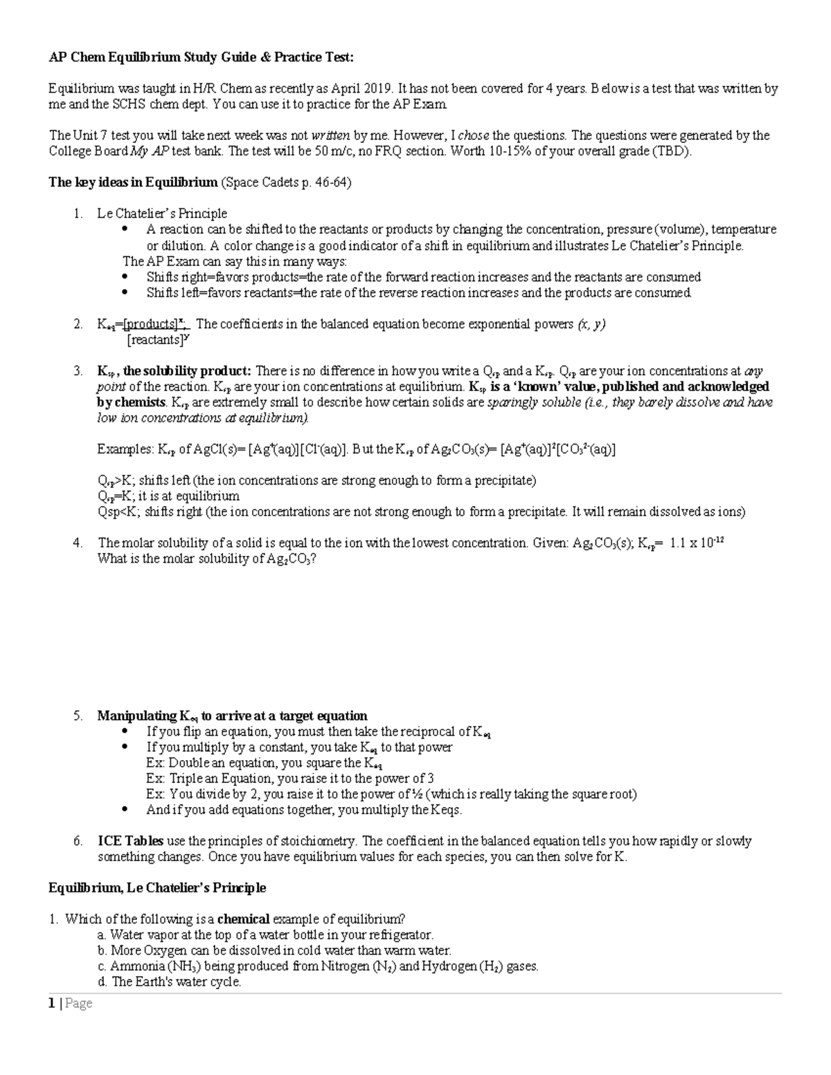 AP Chem Unit 7 Equilibrium Practice Test Study Guide - Studocu