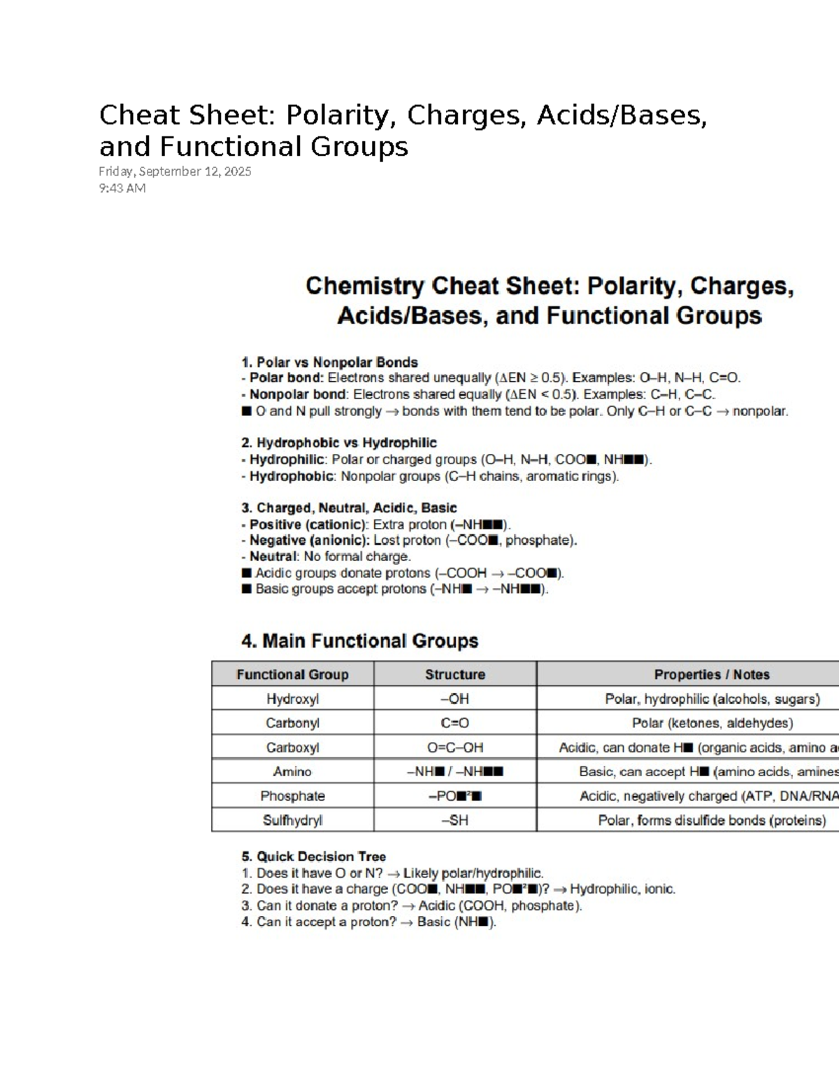 CHEM 101: Cheat Sheet for Polarity, Charges & Functional Groups - Studocu