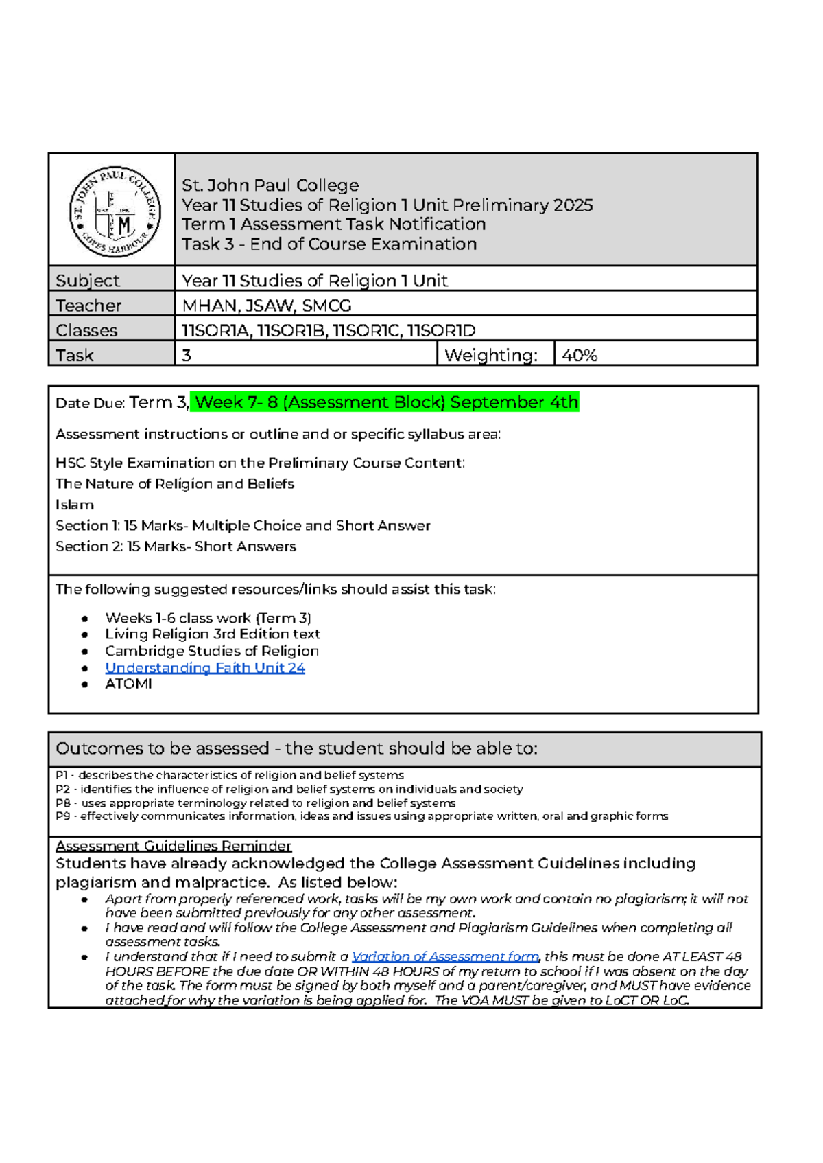 Year 11 Studies of Religion 1 Unit Task 3 Exam Notification 2025 - Studocu
