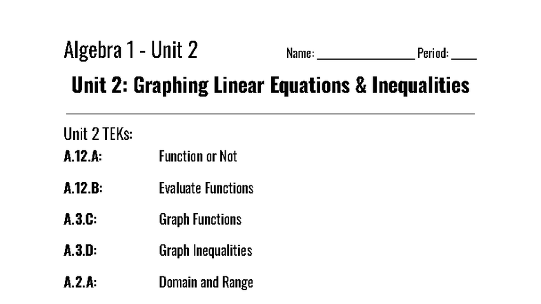 Unit 2: Graphing Linear Equations & Inequalities - Algebra 1 - Studocu