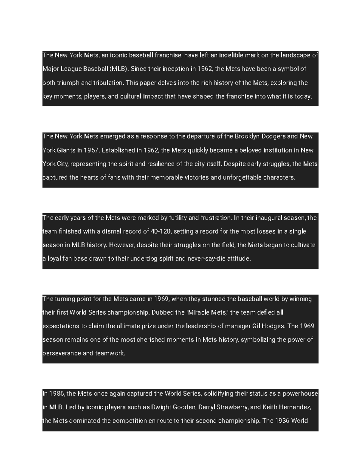 Essay 1 - sports - The New York Mets, an iconic baseball franchise ...