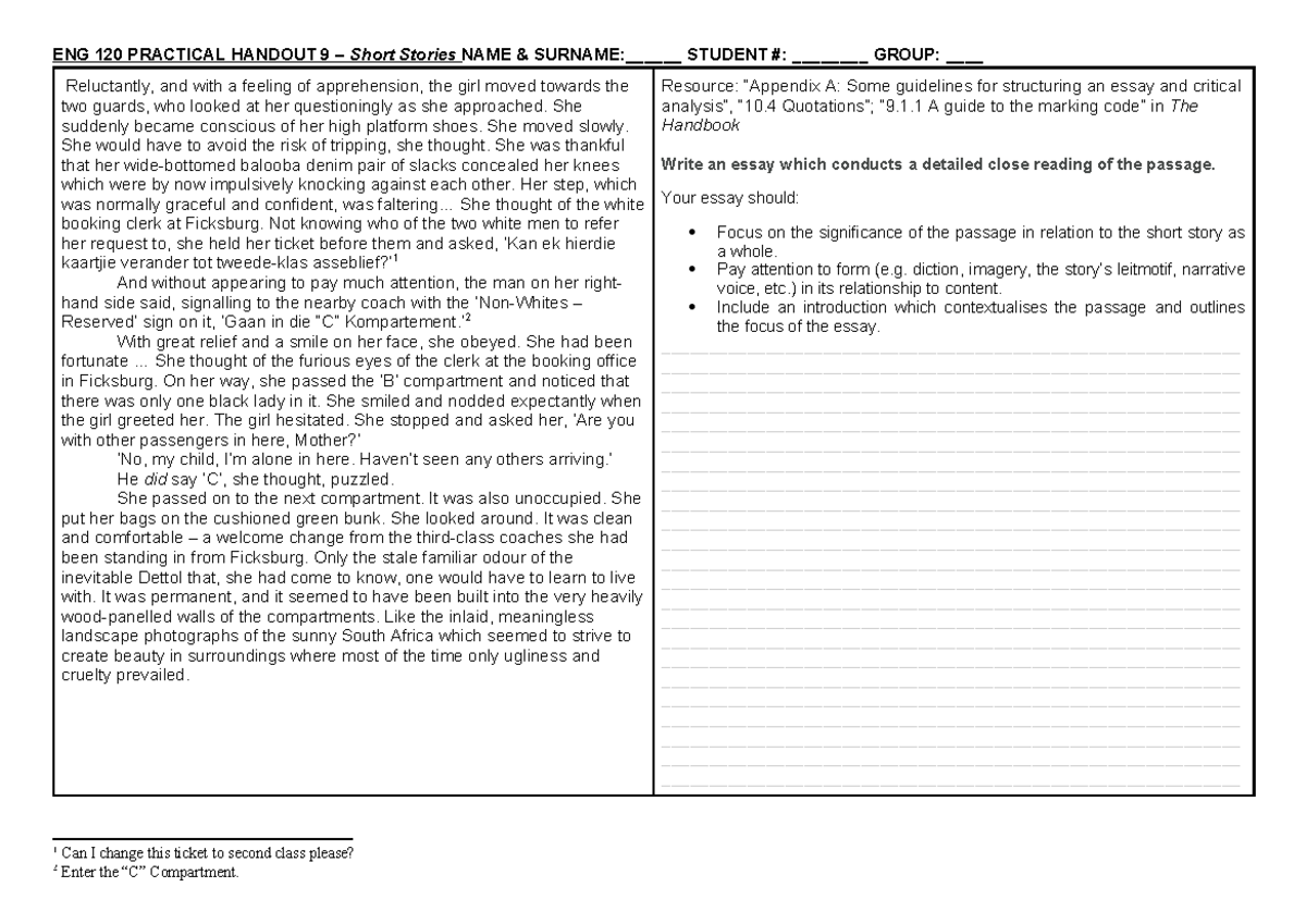 ENG 120 Practical Handout 9: Analyzing Short Stories - Studocu