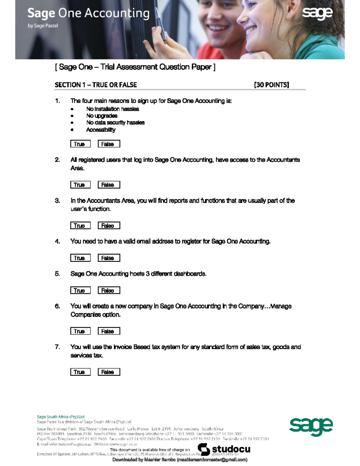 Sage One Accounting Trial Assessment - ACC Exam Questions and Answers - Studocu