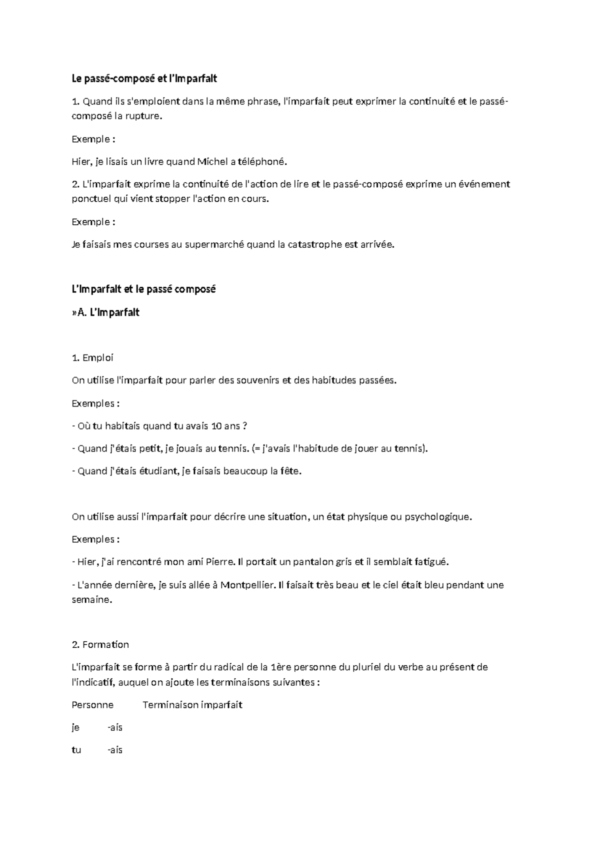Le passé composé et l'imparfait : A2-B1 Notes de Cours - Studocu