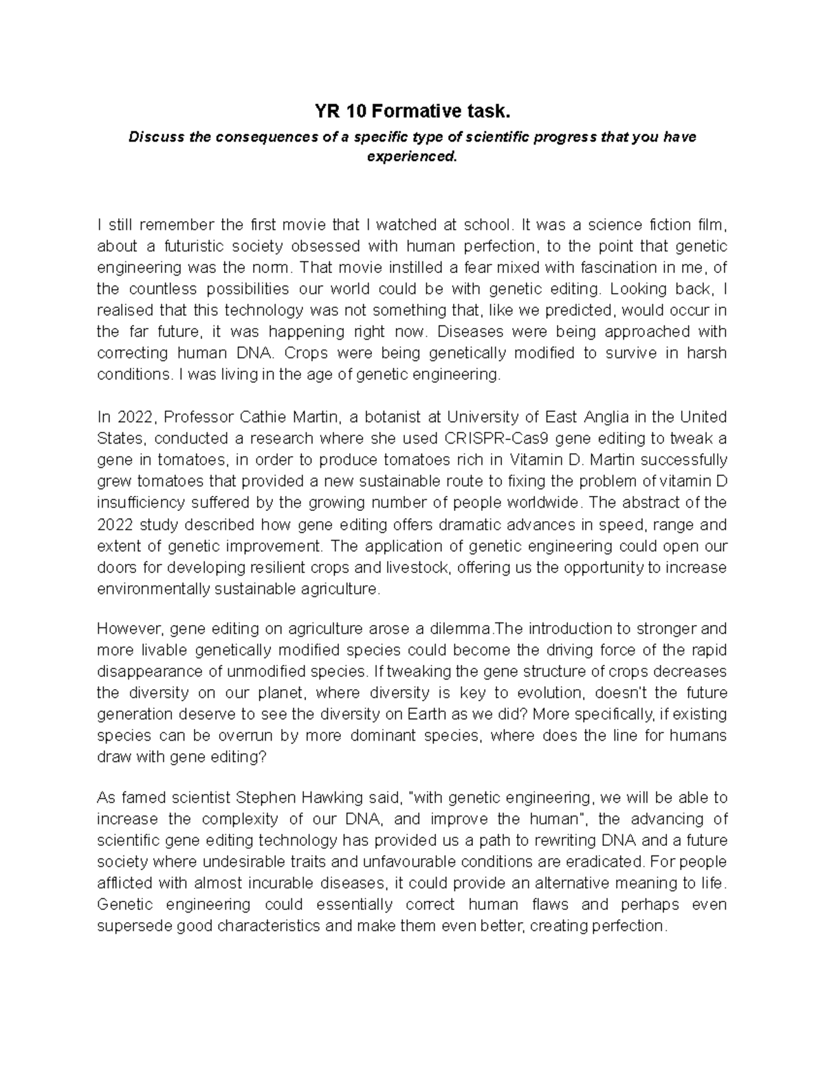 YR 10 Discursive Task: Consequences of Genetic Engineering in Society ...