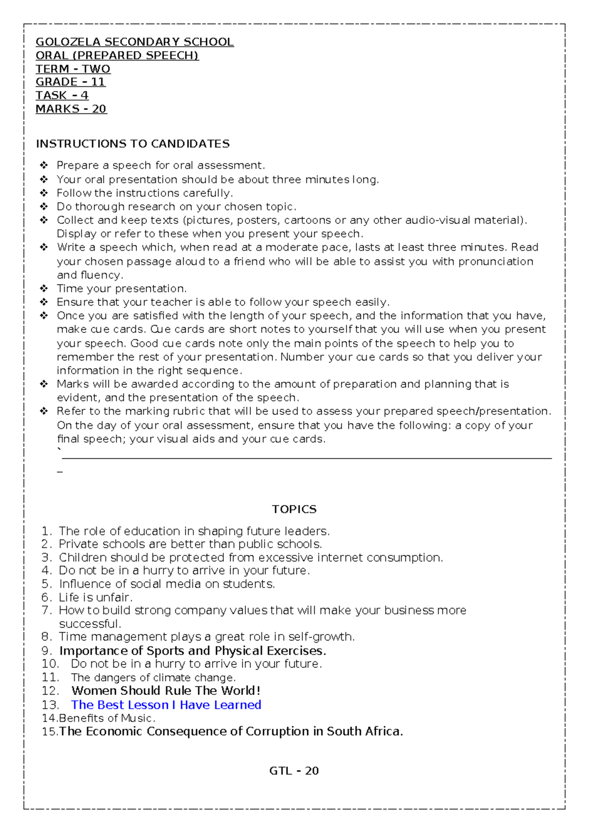 TERM TWO Oral Prep Speech Topics 2024-1 for Grade 11 - Studocu