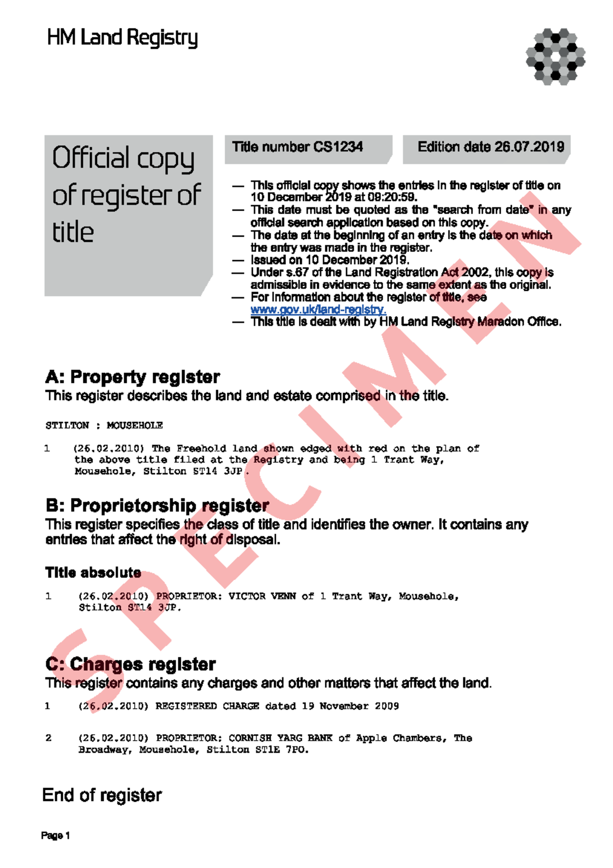 HM Land Registry Official Copy of Register Specimen CS1234 - Studocu