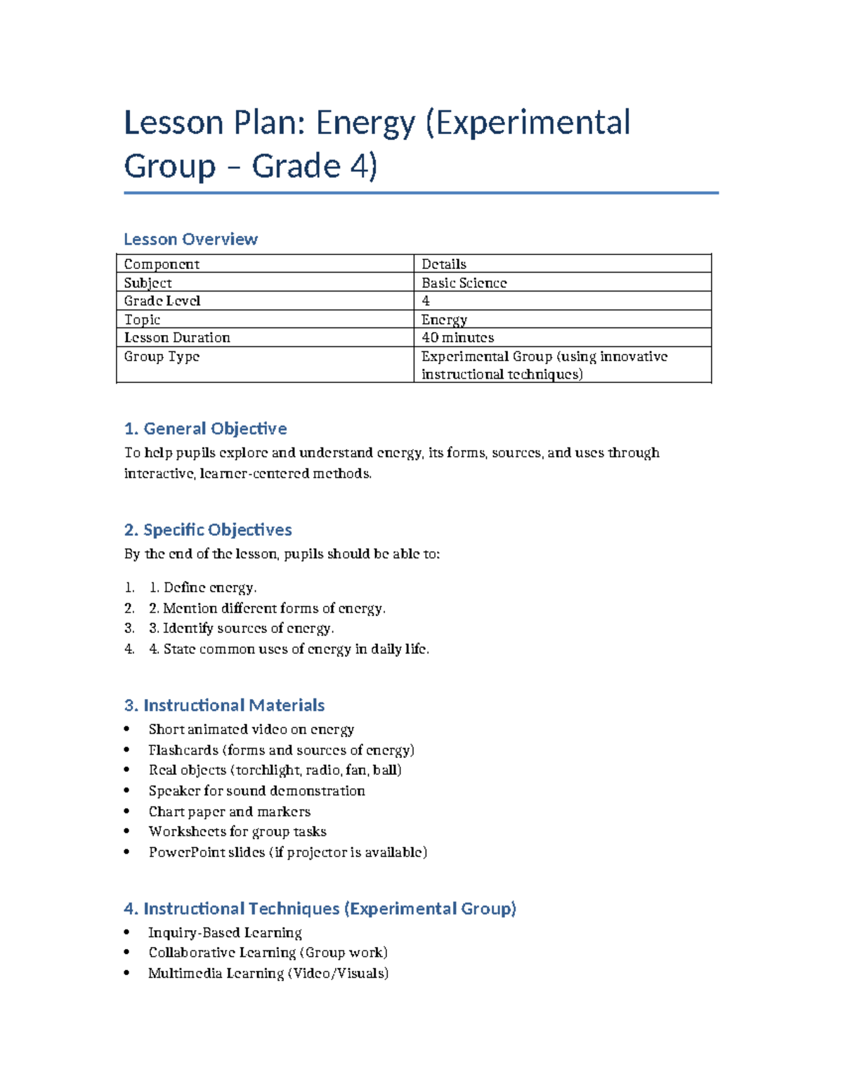 Grade 4 Basic Science Lesson Plan: Exploring Energy Concepts - Studocu
