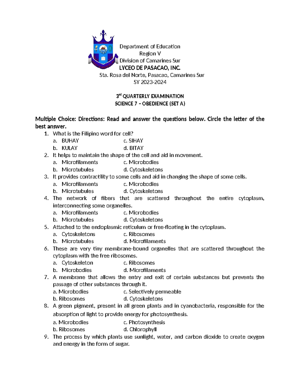 3rd Quarter Exam - Science 7 (Set A) Multiple Choice & True/False - Studocu