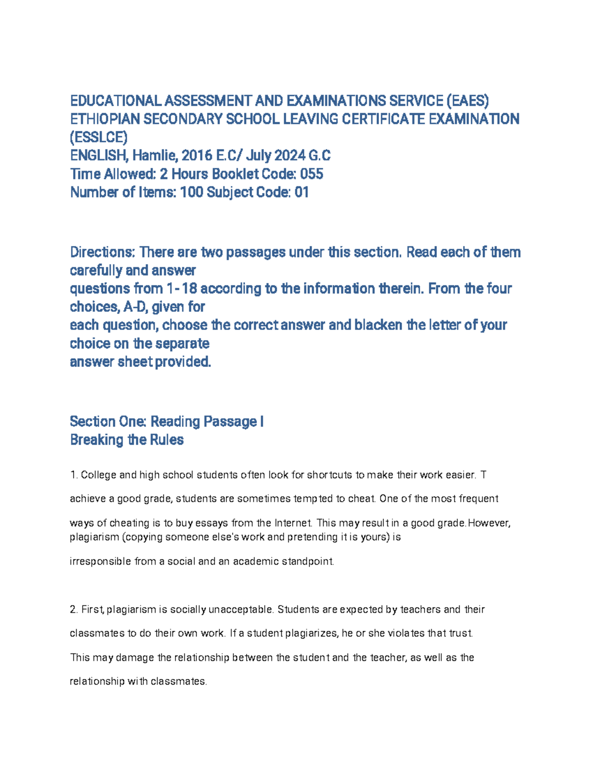 2016 ESSLCE English Entrance Exam Answer Key & Explanations - Studocu