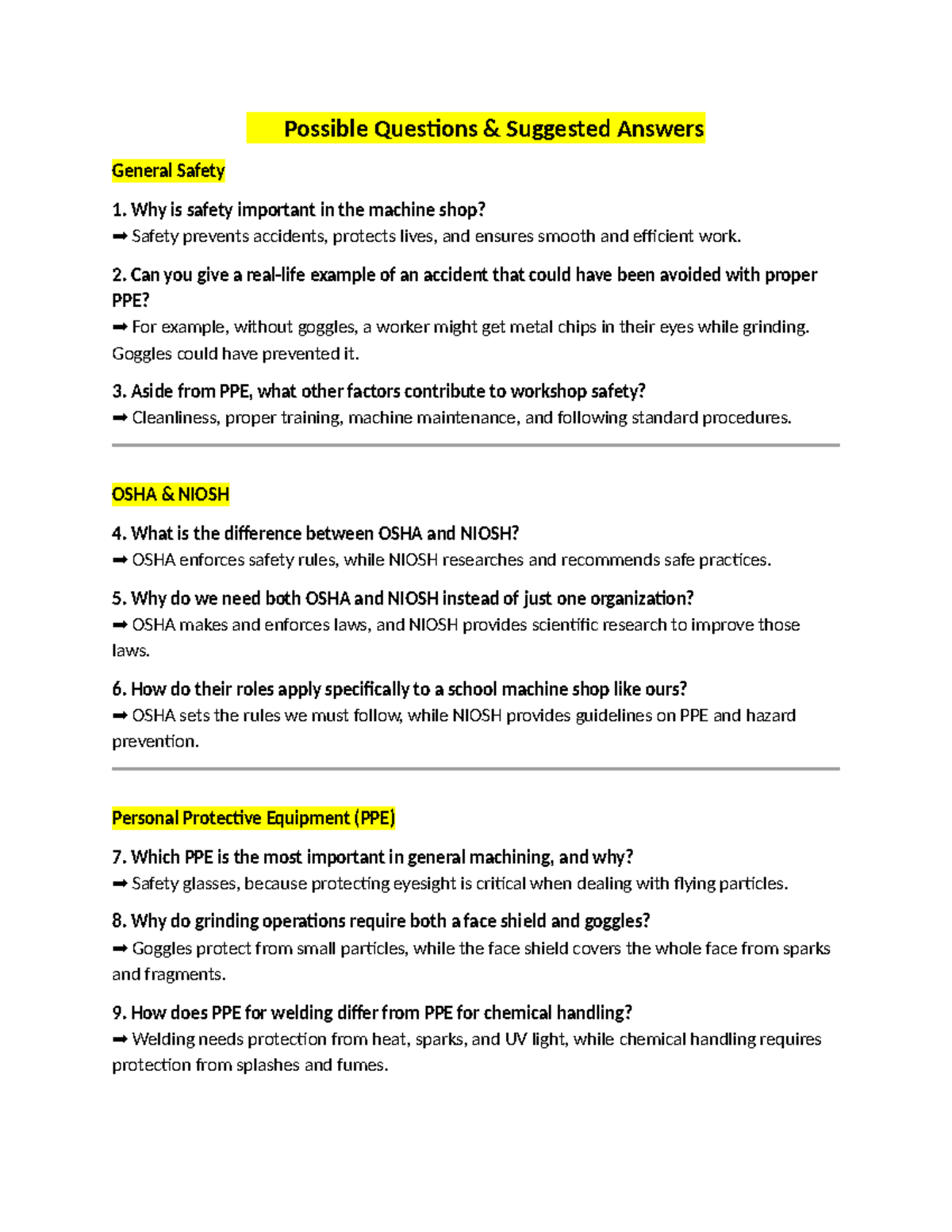 Safety in the Machine Shop: Possible Q&A Guide (OSHA NIOSH) - Studocu