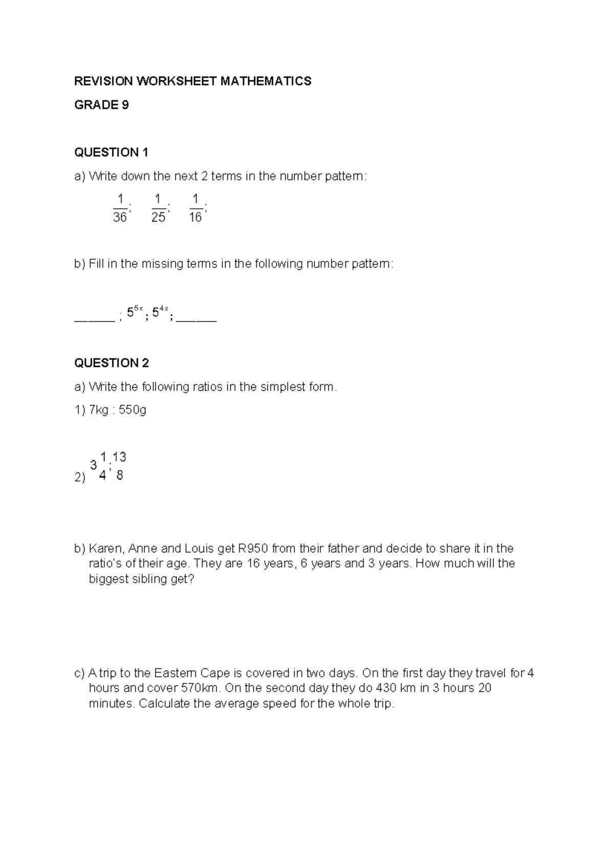 Revision Worksheet Mathematics Grade 9: Patterns, Ratios & Average ...
