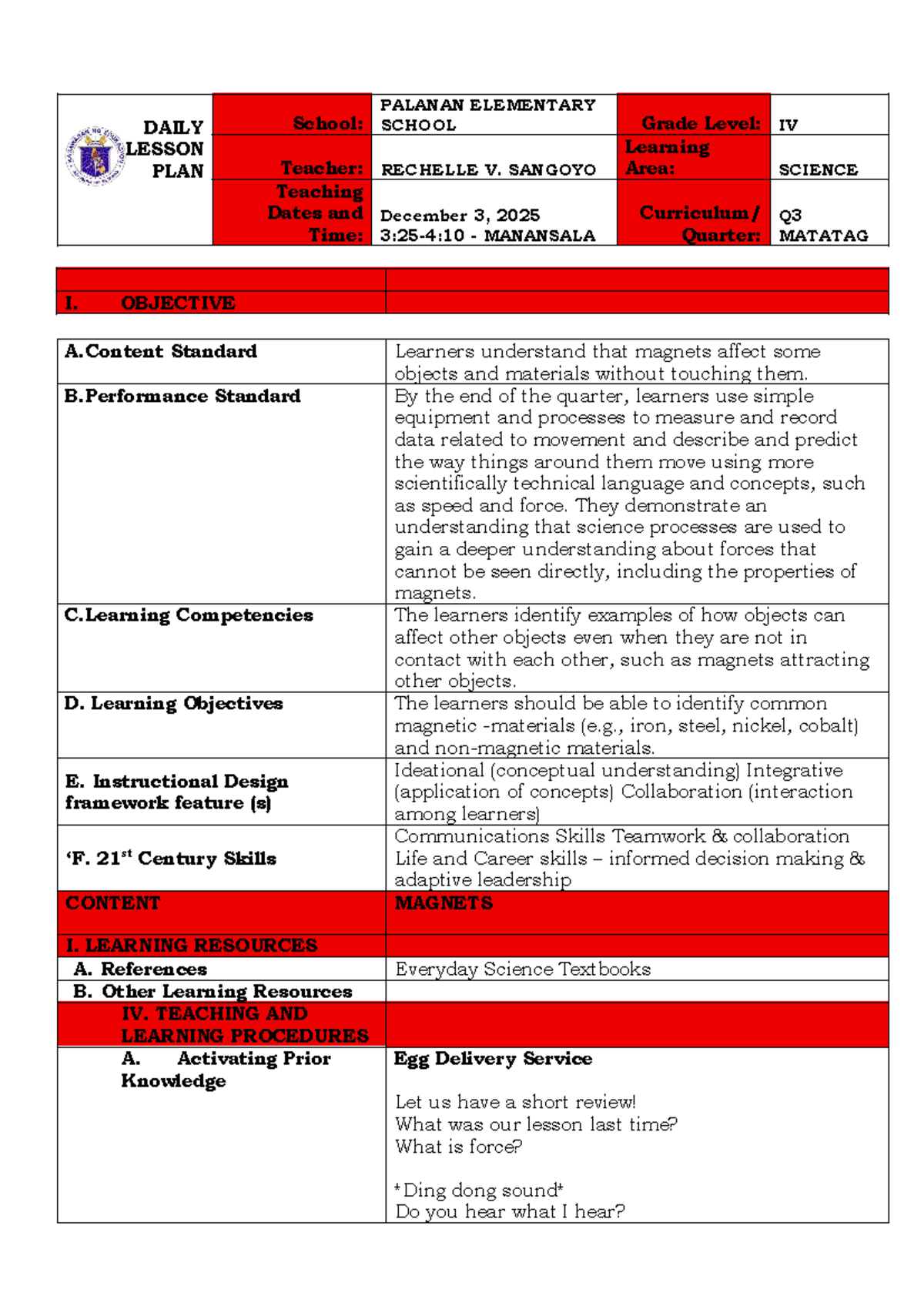Q3 Lesson Plan: Exploring Magnets in Grade IV Science - Studocu