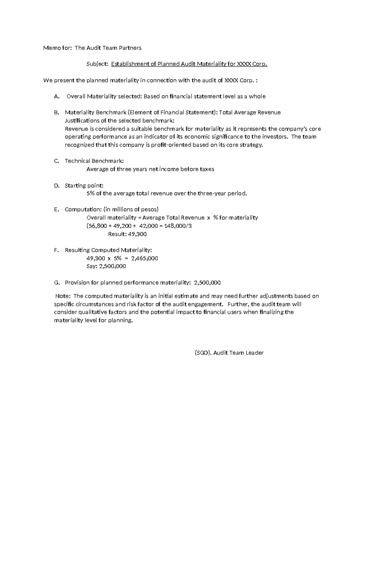 Audit Planning Memo: Establishing Materiality for Corp. Audit - Studocu