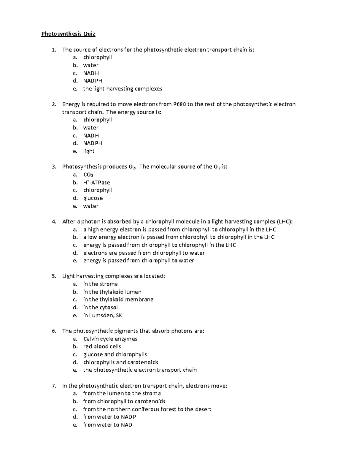 Photosynthesis Quiz formatted 2 no PR - Photosynthesis Quiz The source ...