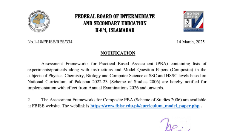 Final Biology PBA Framework for SSC 2026 - FBISE Guidelines - Studocu