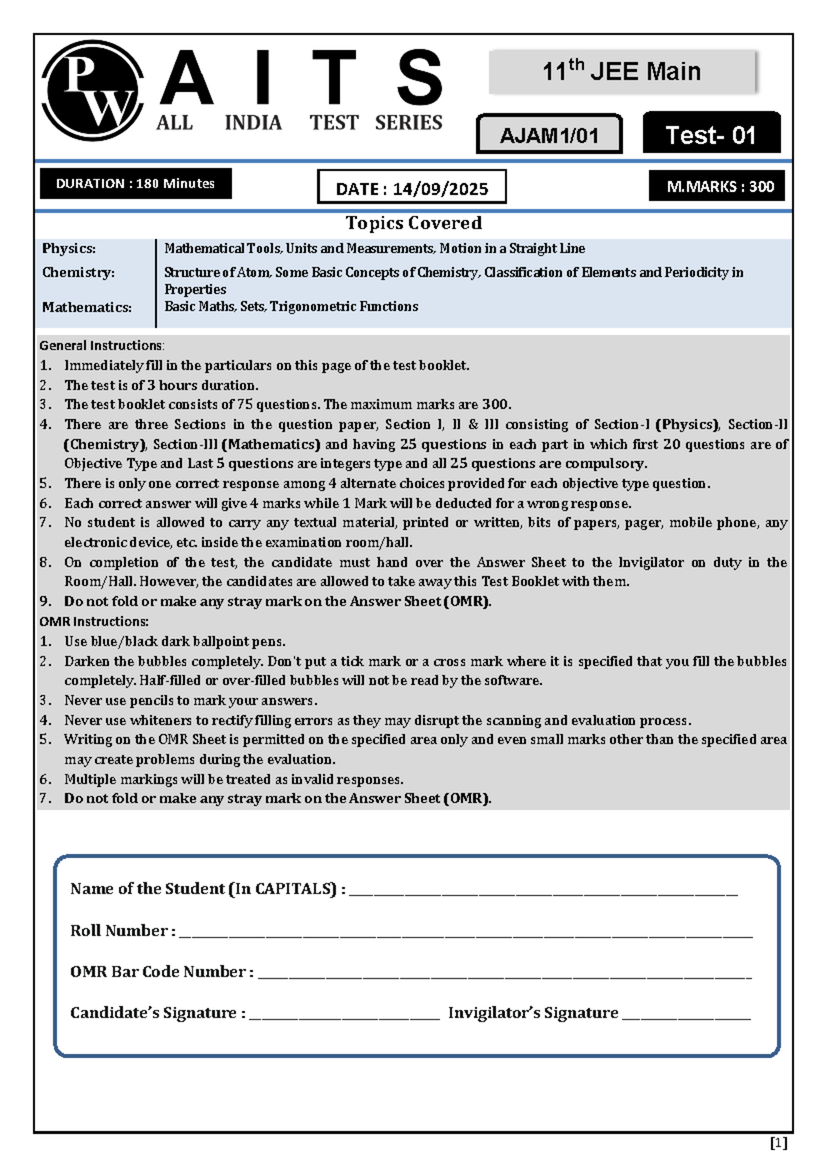 AJ AITS01 JEE Main Question Paper (14-09-25) Phase 03 & 04 - Studocu