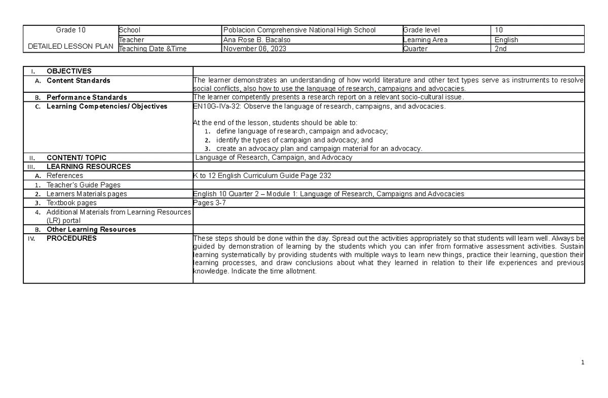 NRP-DLP - Comprehensive Lesson Plan for National Reading Program - Studocu