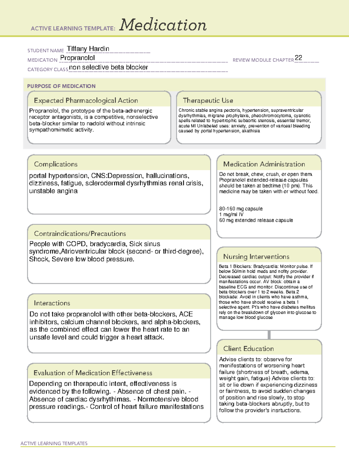 Propranolol (Beta-Blocker) Drug Card: Active Learning Template - Studocu
