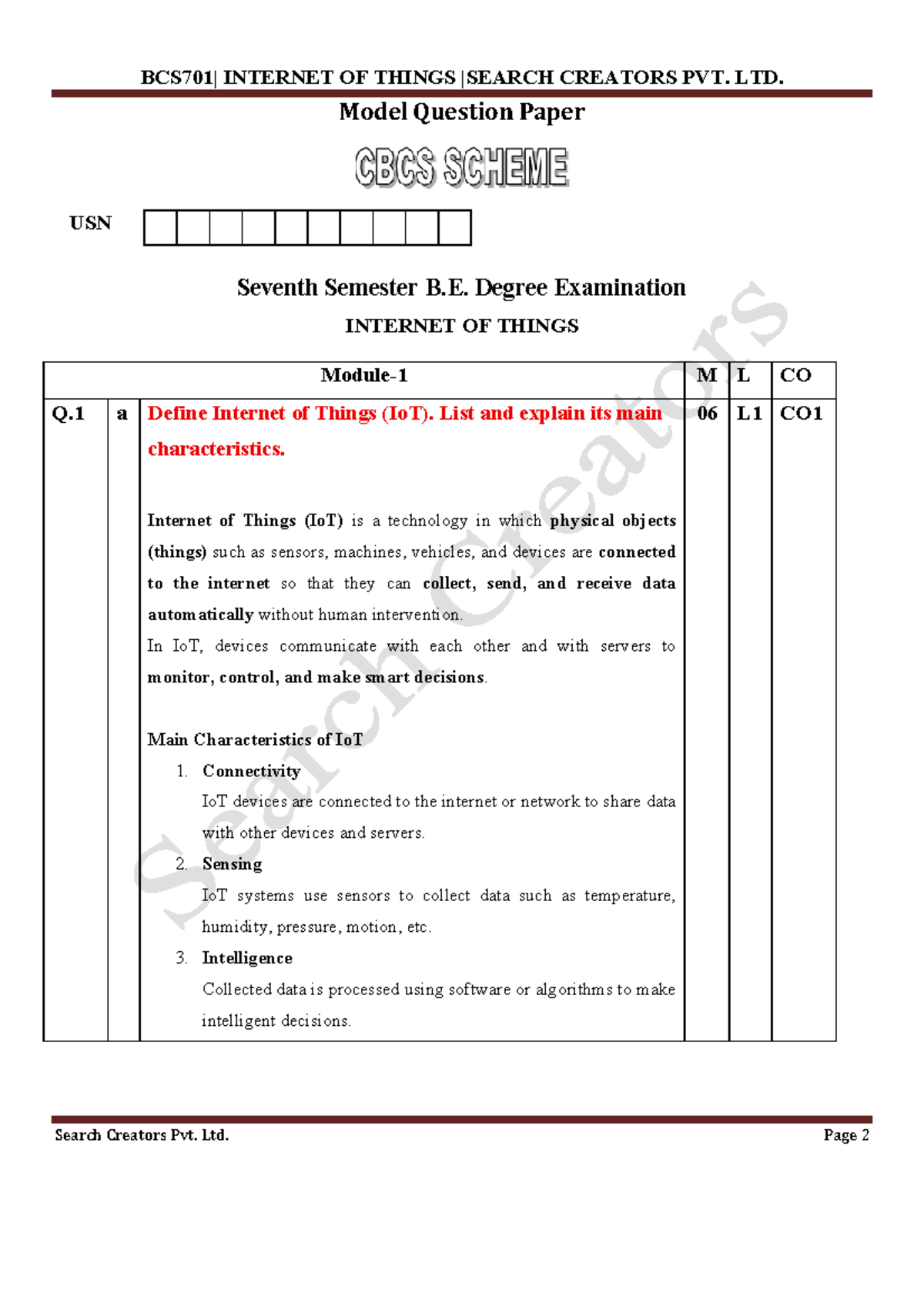 Model Question Paper with Solutions for BCS 701: Internet of Things ...