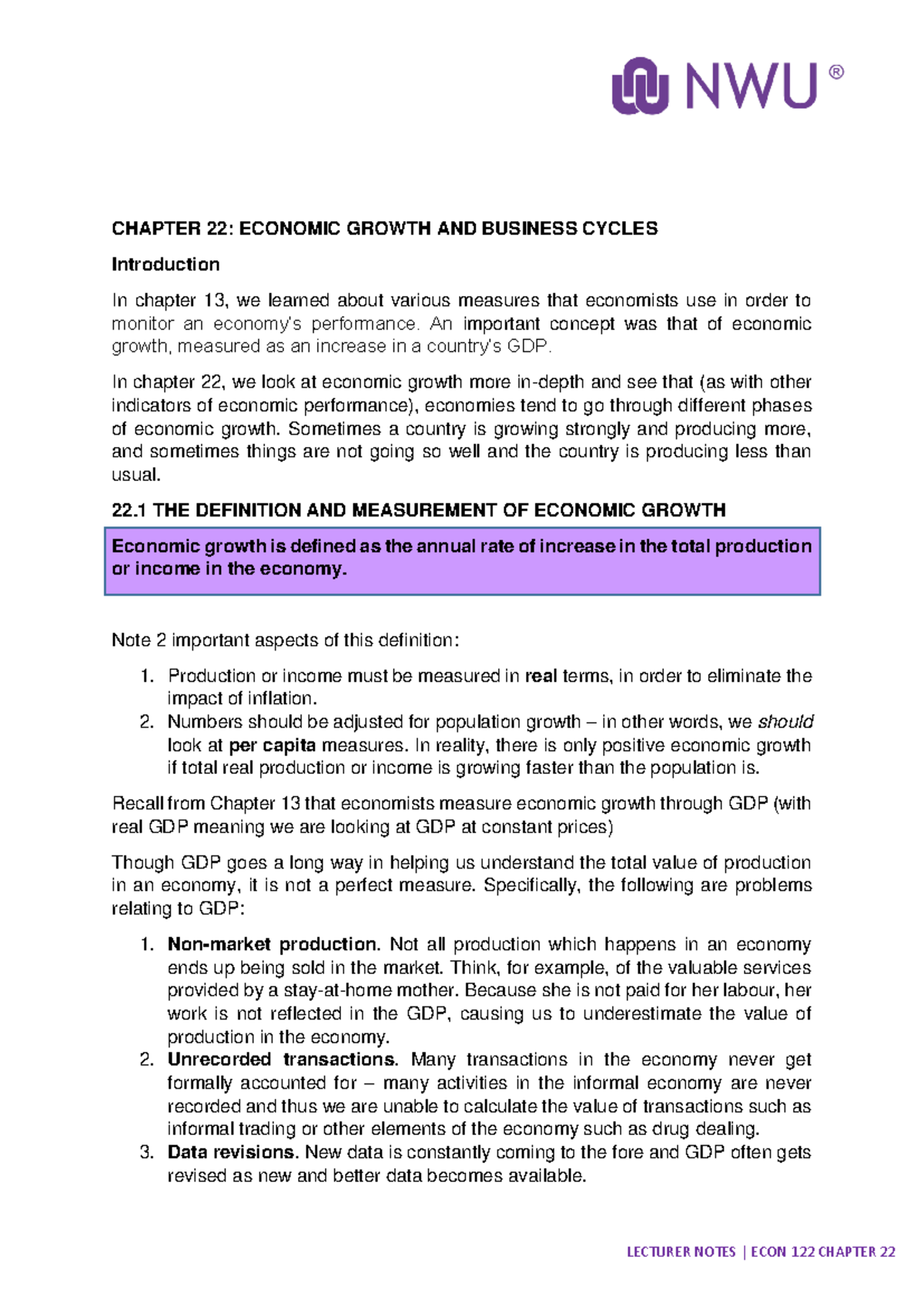 Chapter 22 Notes: Economic Growth & Business Cycles Analysis - Studocu