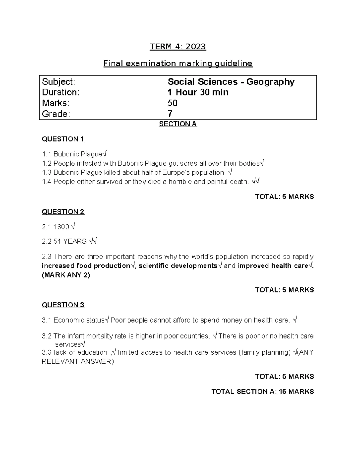 Grade 7 Geography JUNE EXAM Memorandum - Page 1 of 3 SP: SOCIAL SCIENCE ...