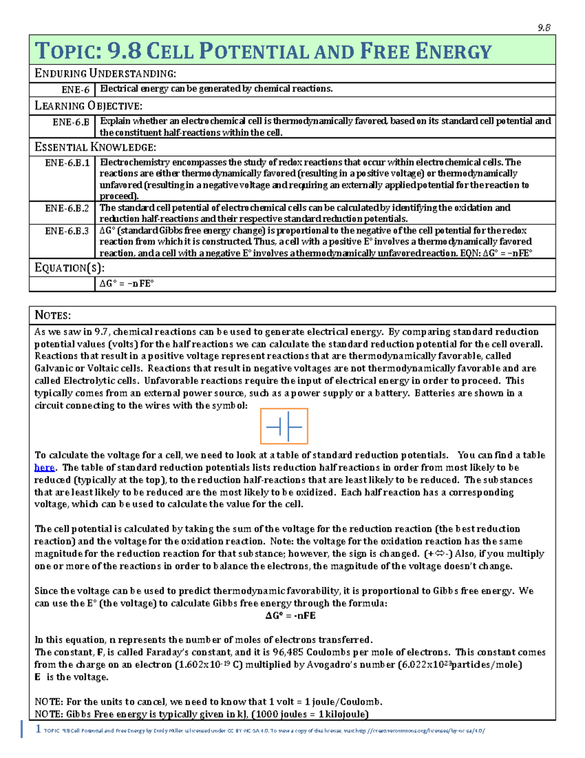 9.8 ENE-6 Cell Potential & Free Energy: Key Concepts & Examples - Studocu