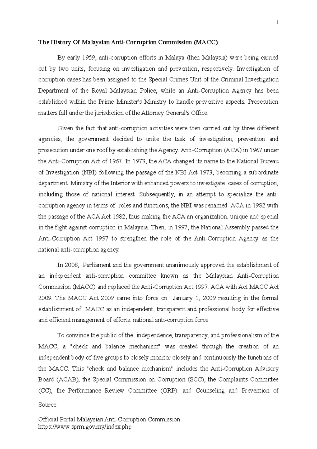 History and Functions of the Malaysian Anti-Corruption Commission (MACC ...