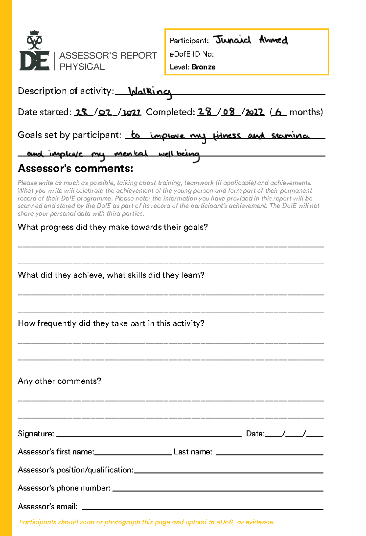 Assessor's Report Card: Physical Activity for DofE Bronze Level - Studocu