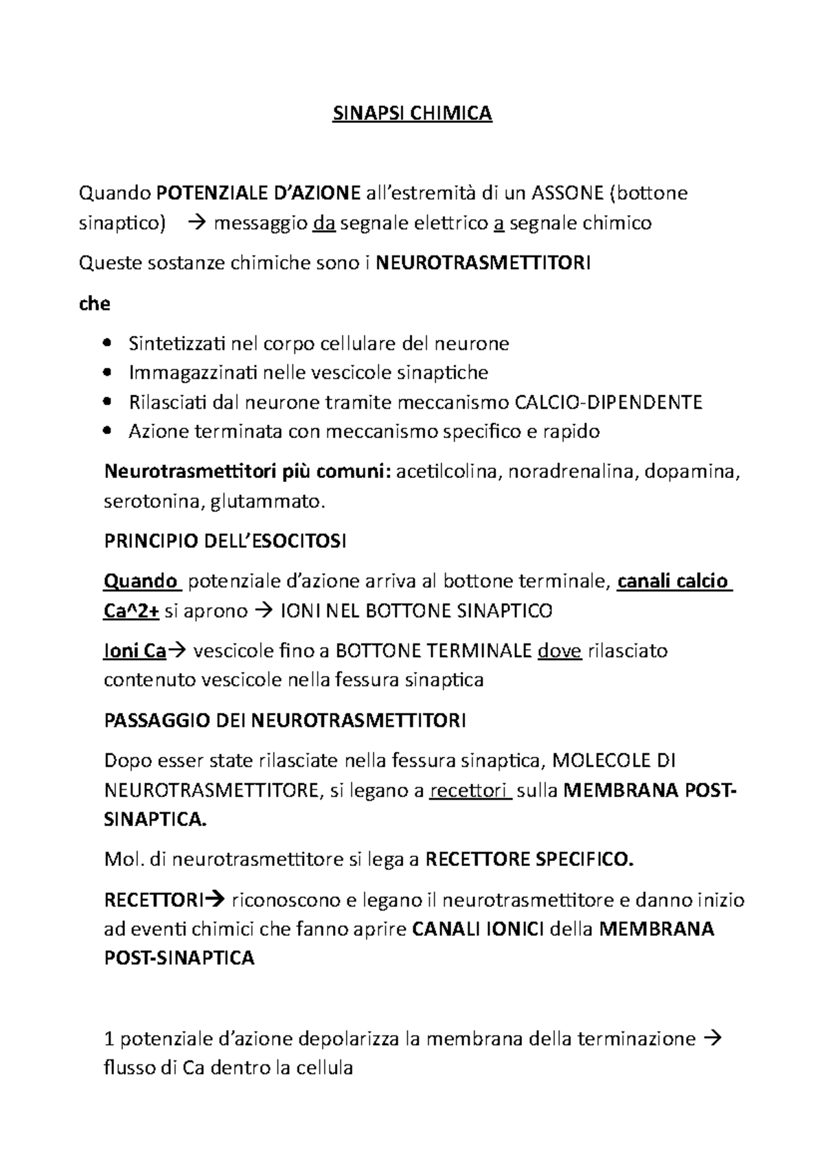La Sinapsi Chimica e Elettrica: Meccanismi e Funzioni Neurali - Studocu