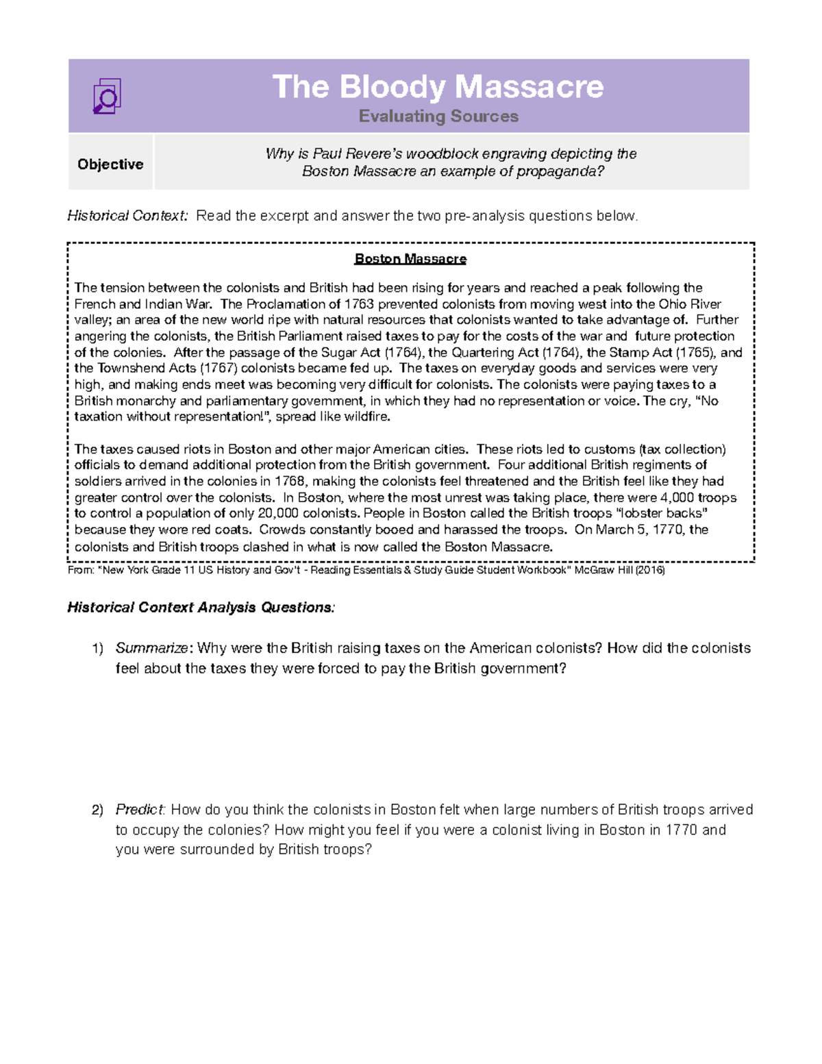 Evaluating Sources: Analyzing Revere's Propaganda on the Boston ...