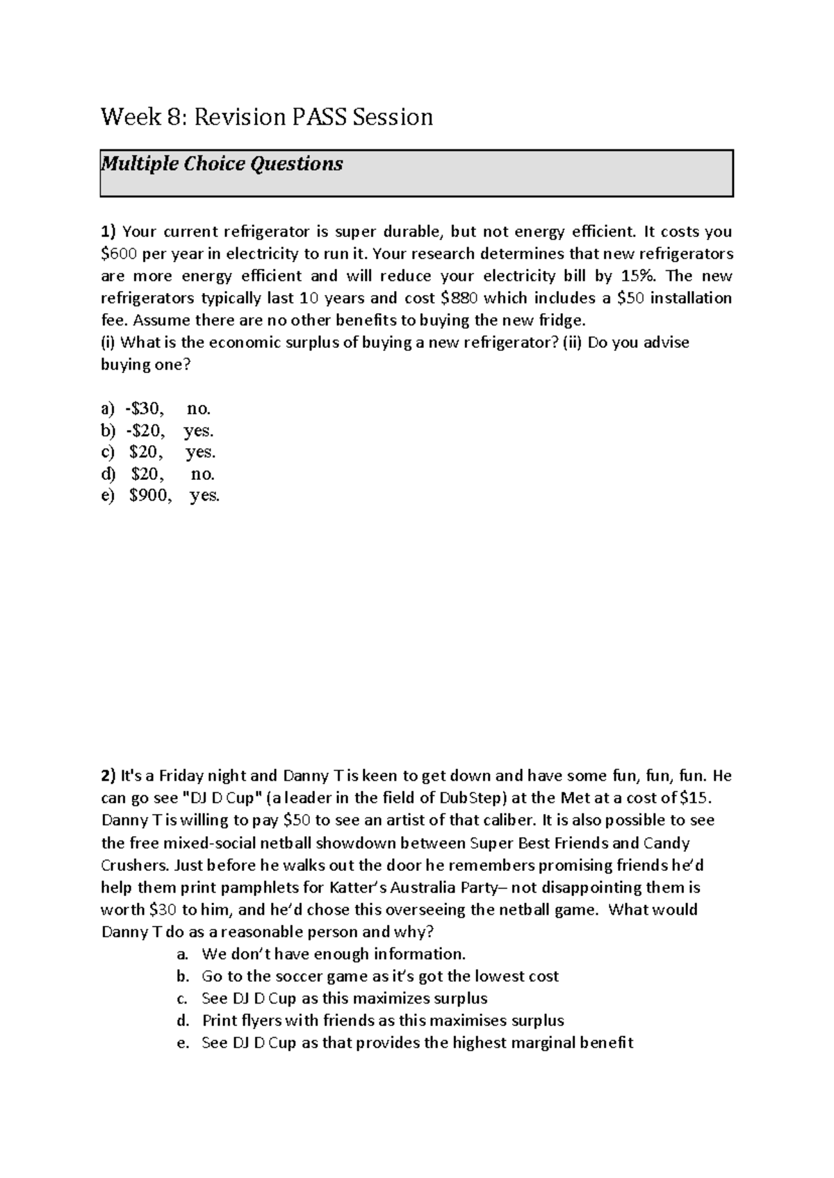 ECON1010 Week 8 Revision: Multiple Choice & Short Answer Questions ...