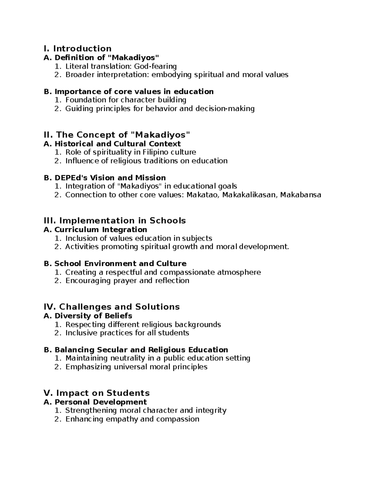DEPEd Lecture Outline: Understanding the CORE Value of Makadiyos - Studocu
