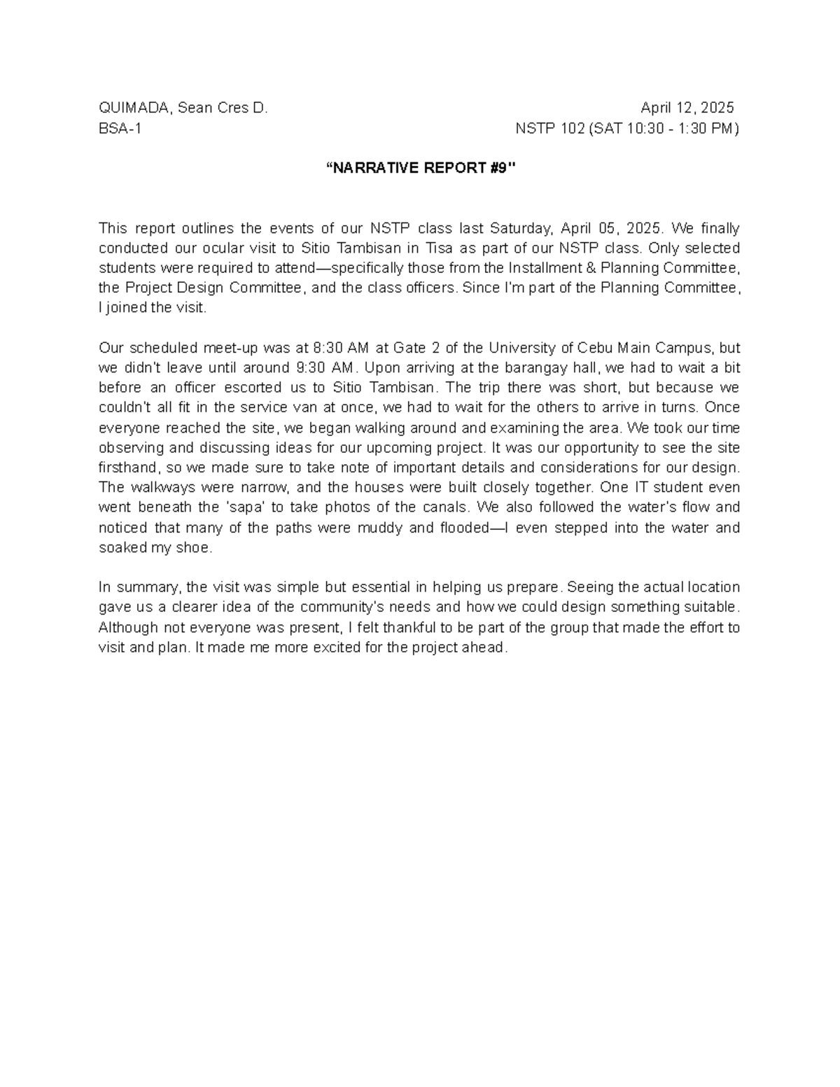 Narrative Report on Ocular Visit - NSTP 102 - Studocu