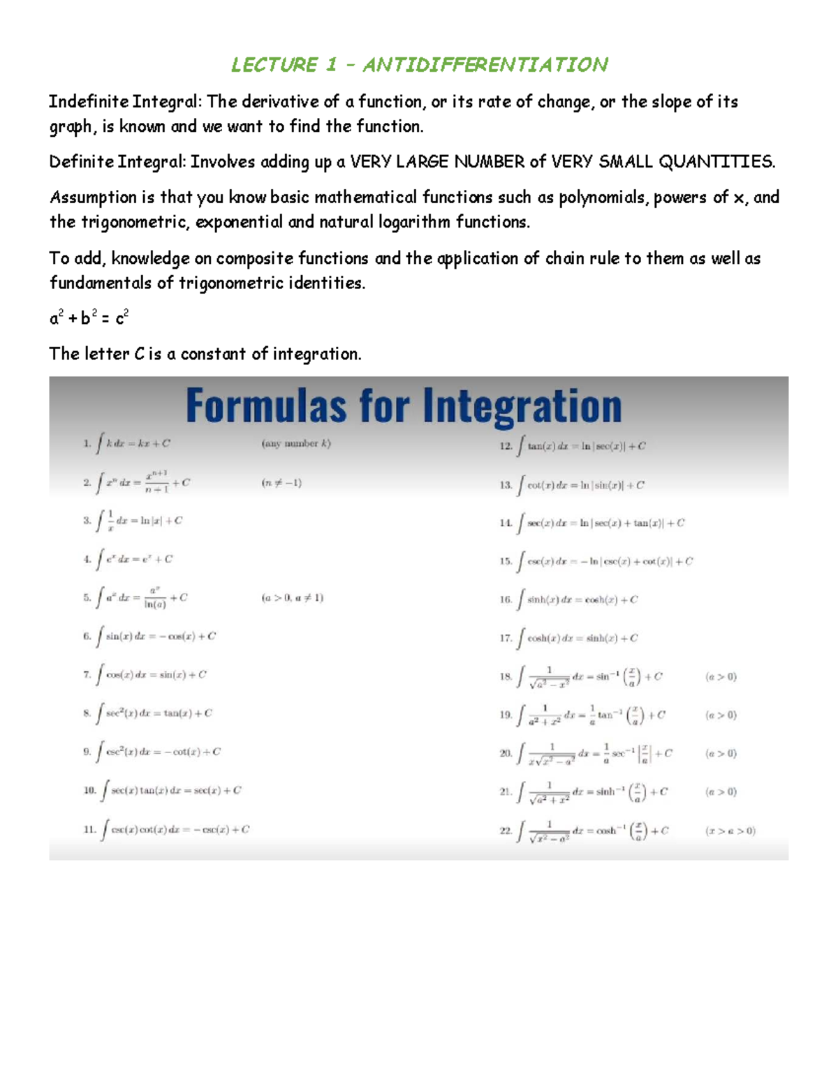 Integral- Calculus Midterms- Reviewer - LECTURE 1 – ANTIDIFFERENTIATION ...