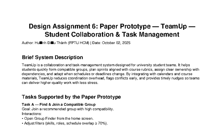 Assignment 6: Paper Prototype for TeamUp Collaboration System - Studocu