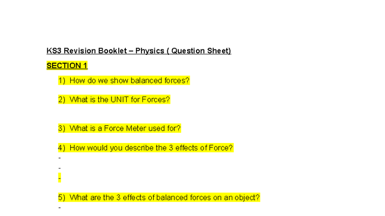 KS3 Physics Revision: Forces, Energy, and Mass & Weight Worksheet - Studocu