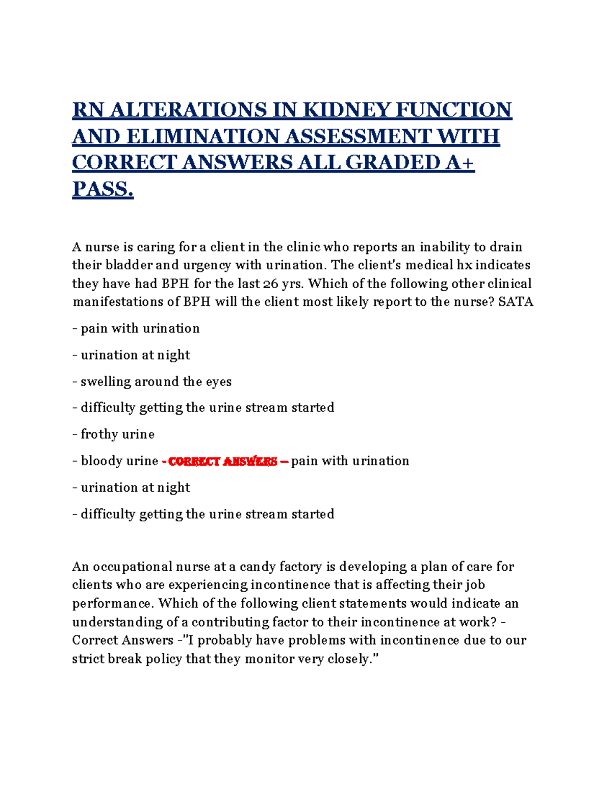 RN Alterations in Kidney Function & Elimination Assessment: Graded ...