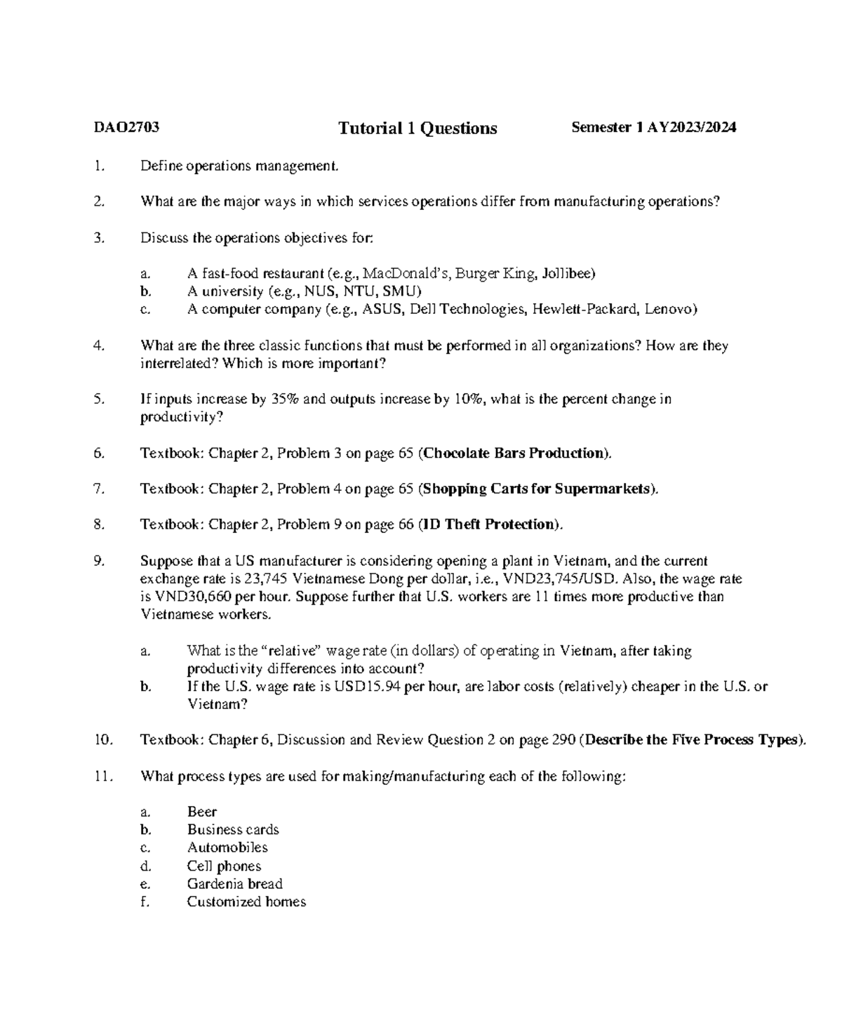 DAO2703 Tutorial 1: Operations Management Questions and Problems - Studocu