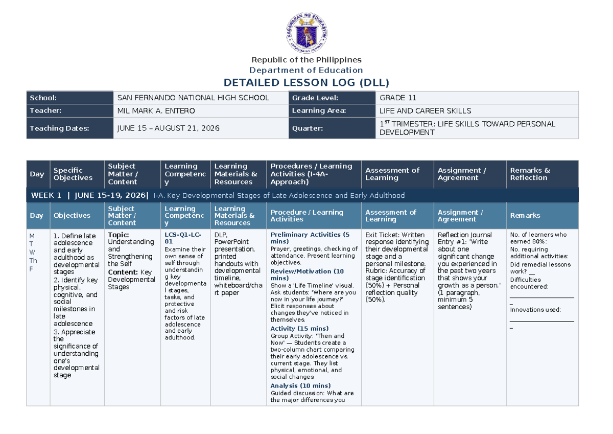 DLL Q1: Life and Career Skills for Grade 11 at San Fernando National ...