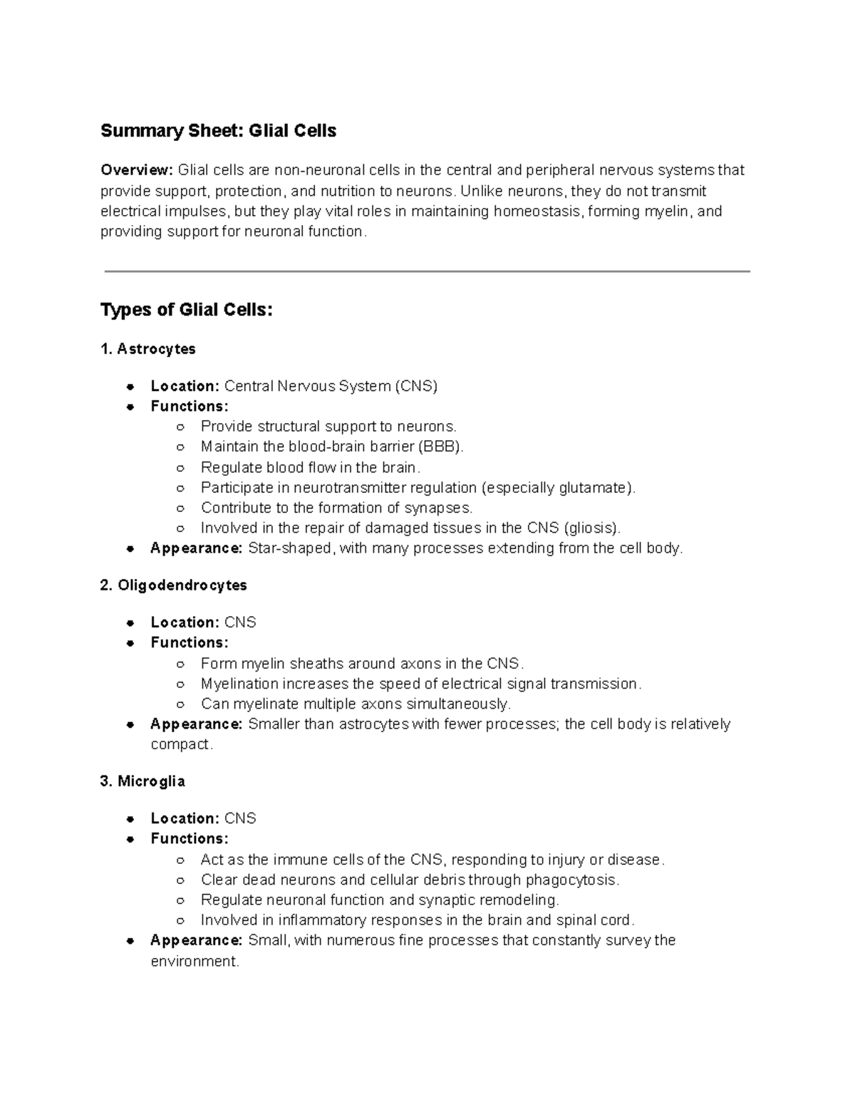 Summary Sheet Glial Cells - Summary Sheet: Glial Cells Overview: Glial ...