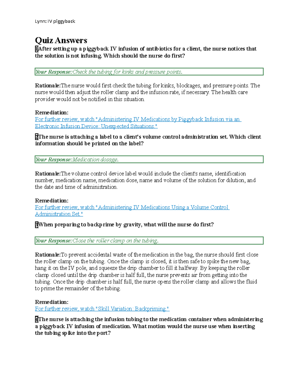 Lynn IV Piggyback Infusion Quiz Answers and Protocols - Studocu