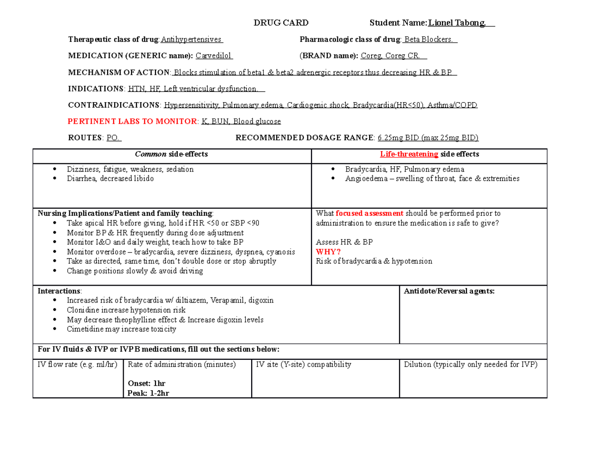 Carvedilol drug card - DRUG CARD Student Name:Lionel Tabong ...