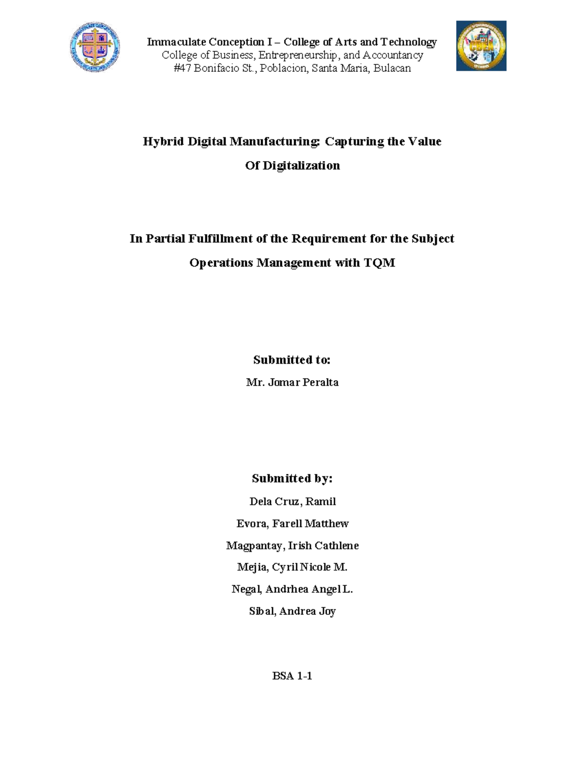 Case Study 1: Hybrid Digital Manufacturing in Operations Management (OM-TQM) - Studocu