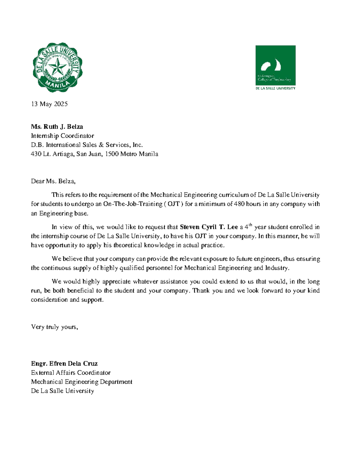 ME 480 OJT Request Letter for Steven Cyril T. Lee - Studocu
